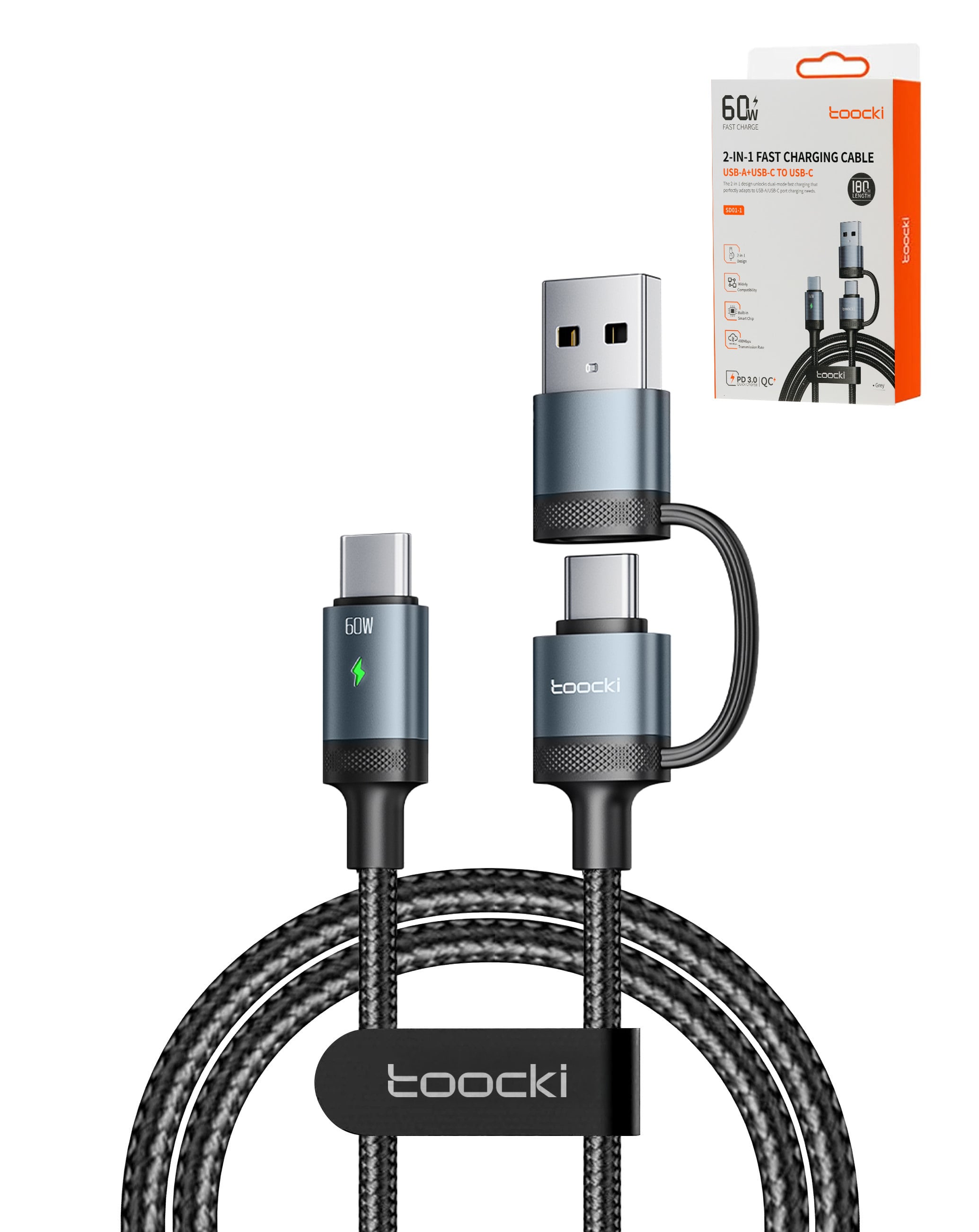 Toocki USB A+C to C Fast Charging Data Cable (6ft) (60w) (BLUE) (Only ...