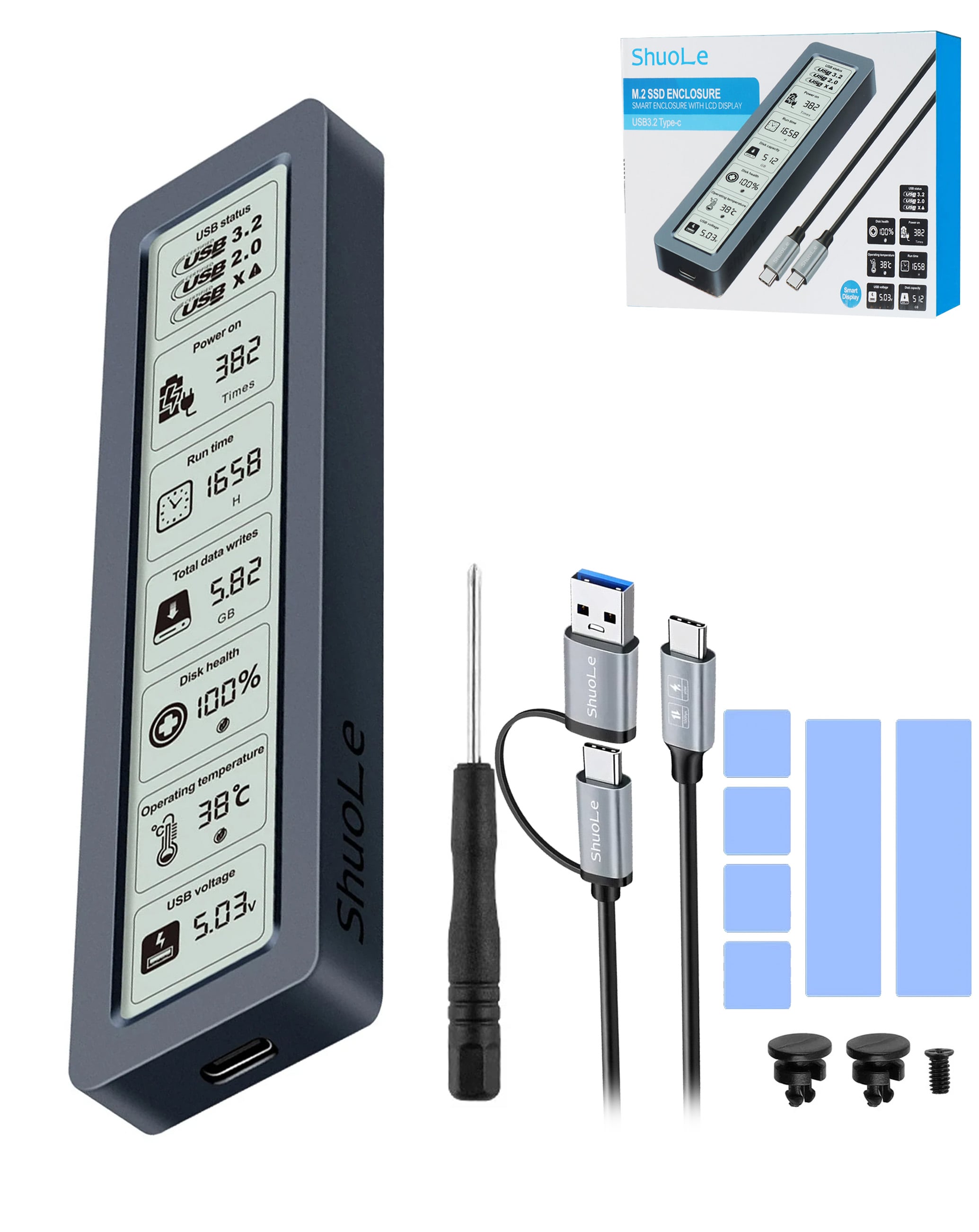 ShuoLe M-Key M.2 NVMe Smart Screen SSD Enclosure (Heat / Capasity / Run ...