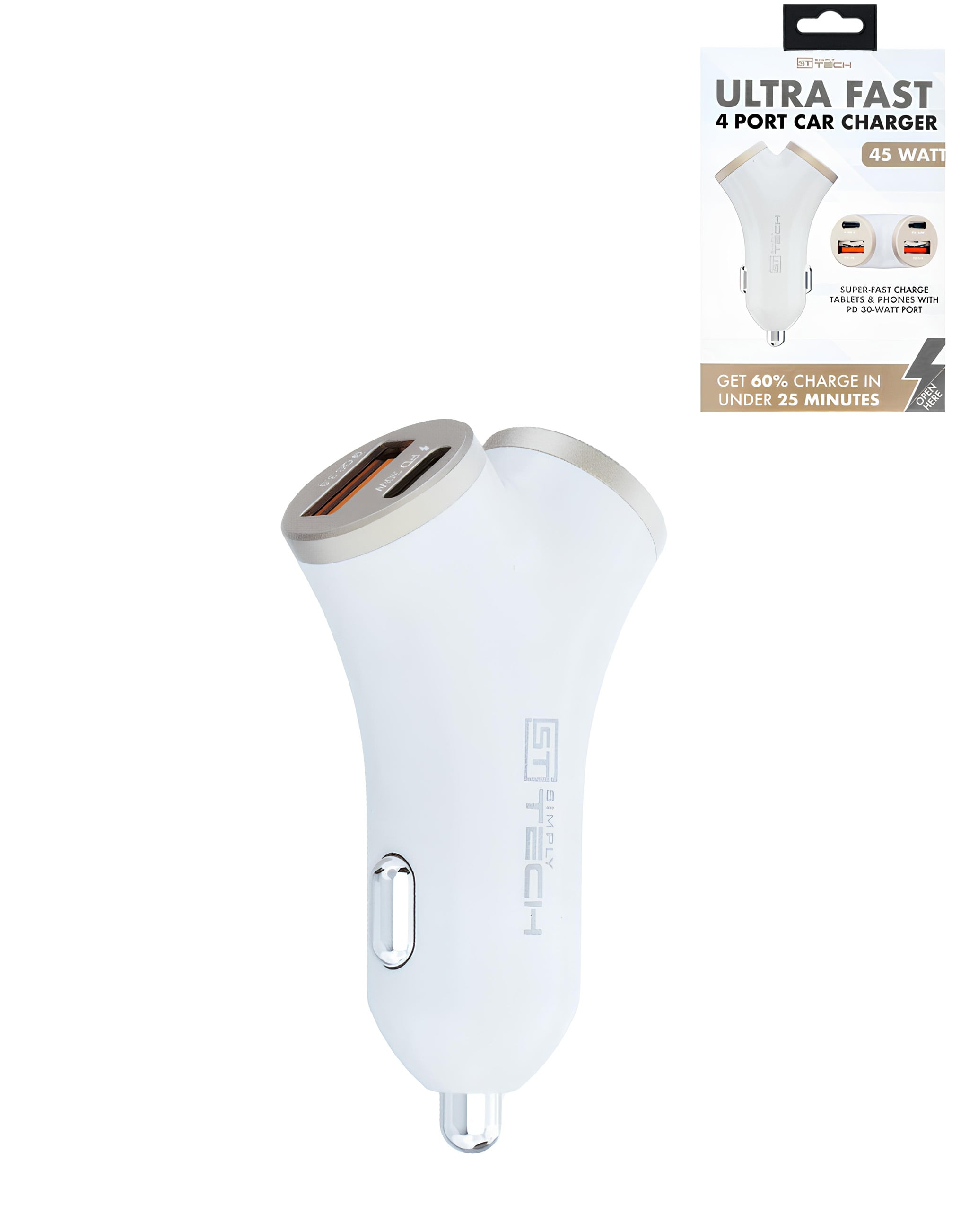 4 Port Y-Split Car Charger 2 Type-A - 2 Type-C - WHITE (45W) (Only ...